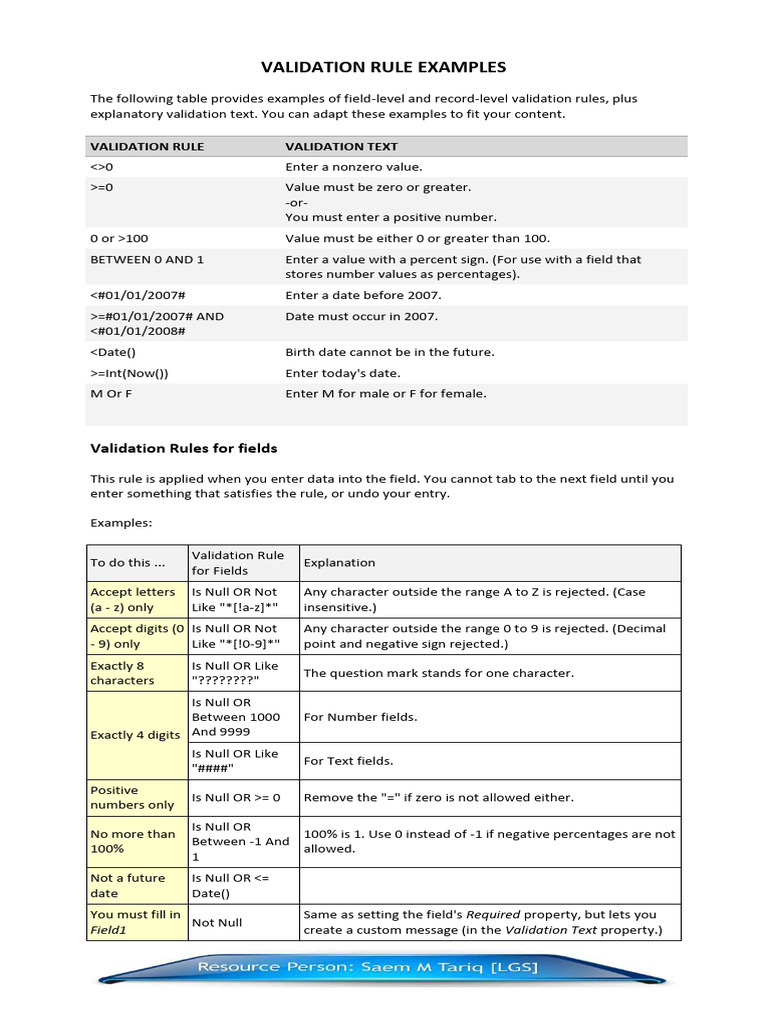 Validation Rule Examples Pdf Numbers Arithmetic