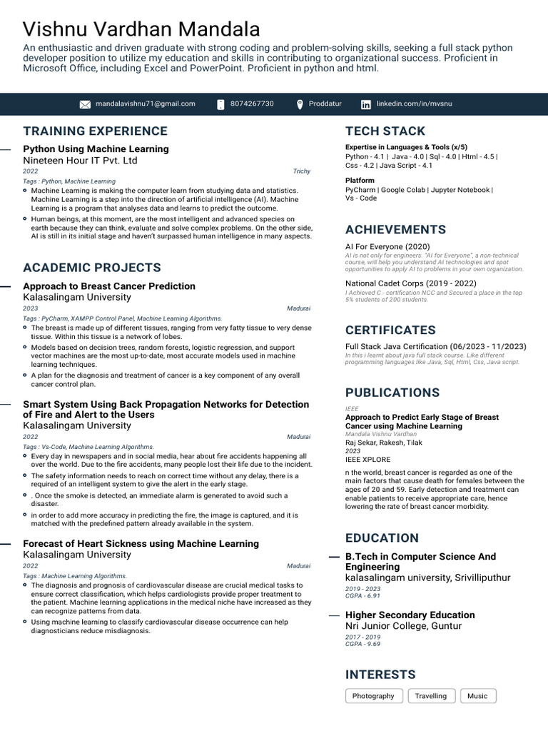 Vishnu's Resume | PDF | Artificial Intelligence | Intelligence (AI) & Semantics