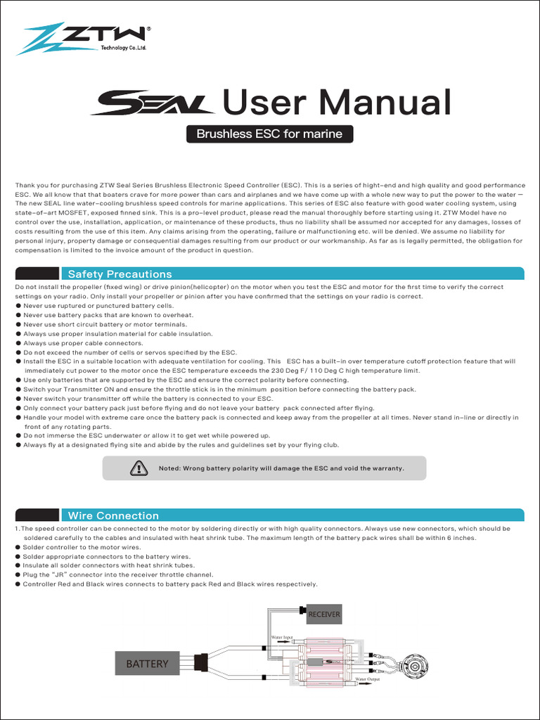 ZTW Seal Series Boat ESC User Manual | PDF | Electrical Connector ...