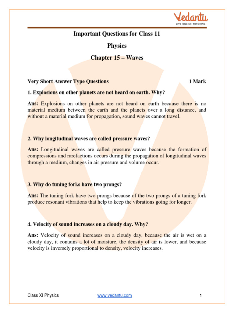 CBSE Class 11 Physics Chapter 15 - Waves Important Questions 2023-24 | PDF | Waves | Sound