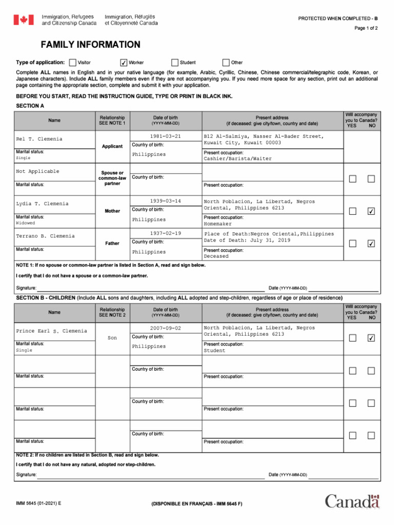 CLEMENIA, Rel - IMM 5645 Family Information Form | PDF | Human Migration | Social Institutions