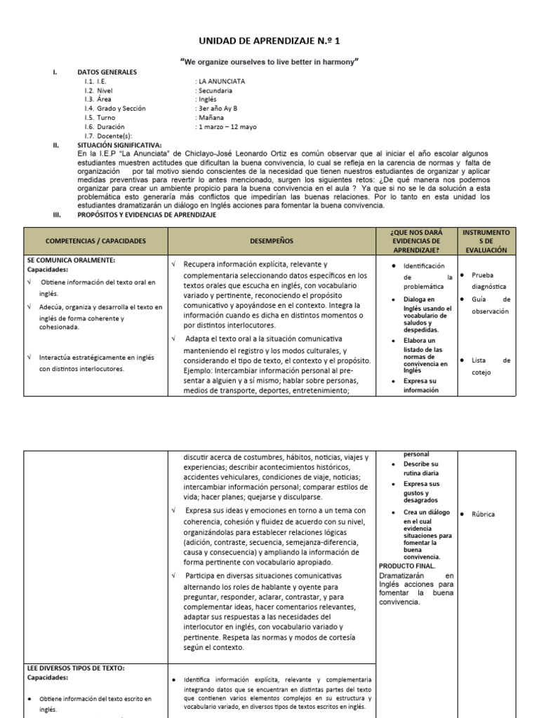 1era Unidad 3er Año | PDF | Aprendizaje | Evaluación