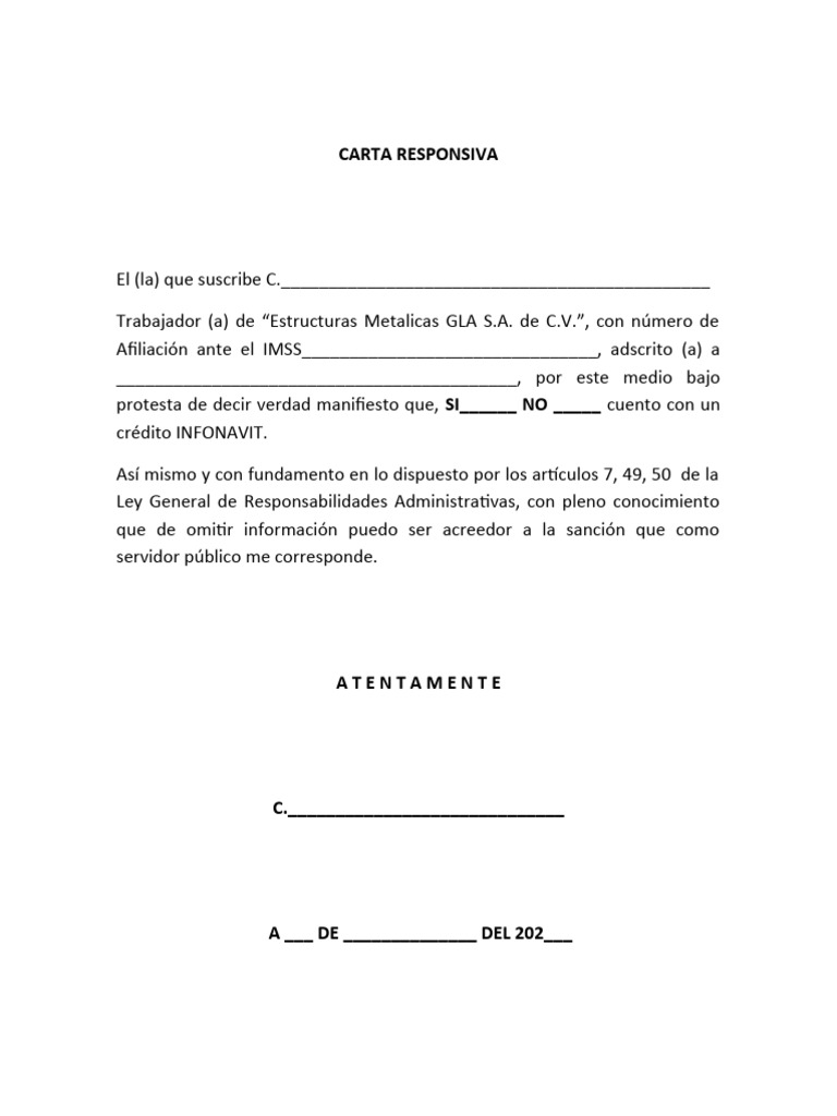Carta Responsiva Infonavit 2024 | PDF