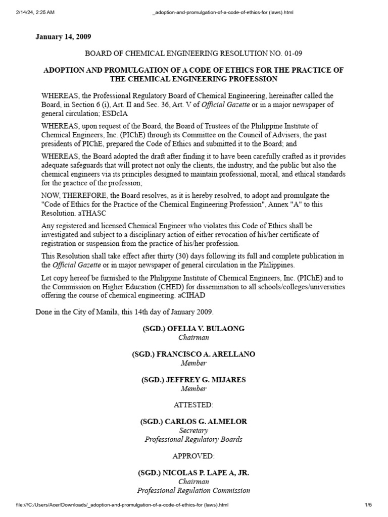 Adoption and Promulgation of A Code of Ethics For The Practice of The ...