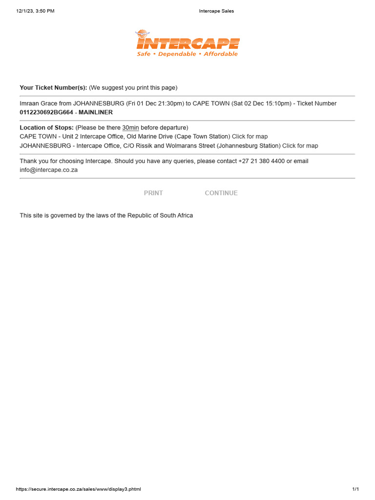 Intercape Sales | PDF