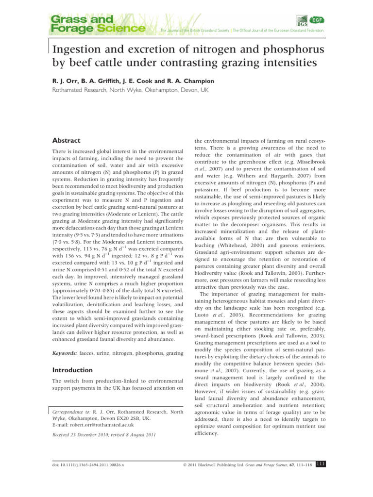 Ingestion and Excretion of Nitrogen and Phosphorus by Beef Cattle - Orr. 2011 | Download Free ...