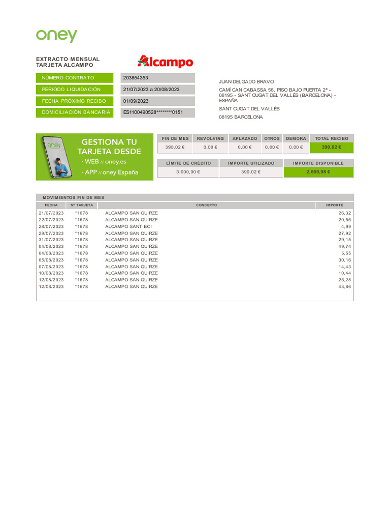 Extracto Mensual Tarjeta Alcampo | PDF