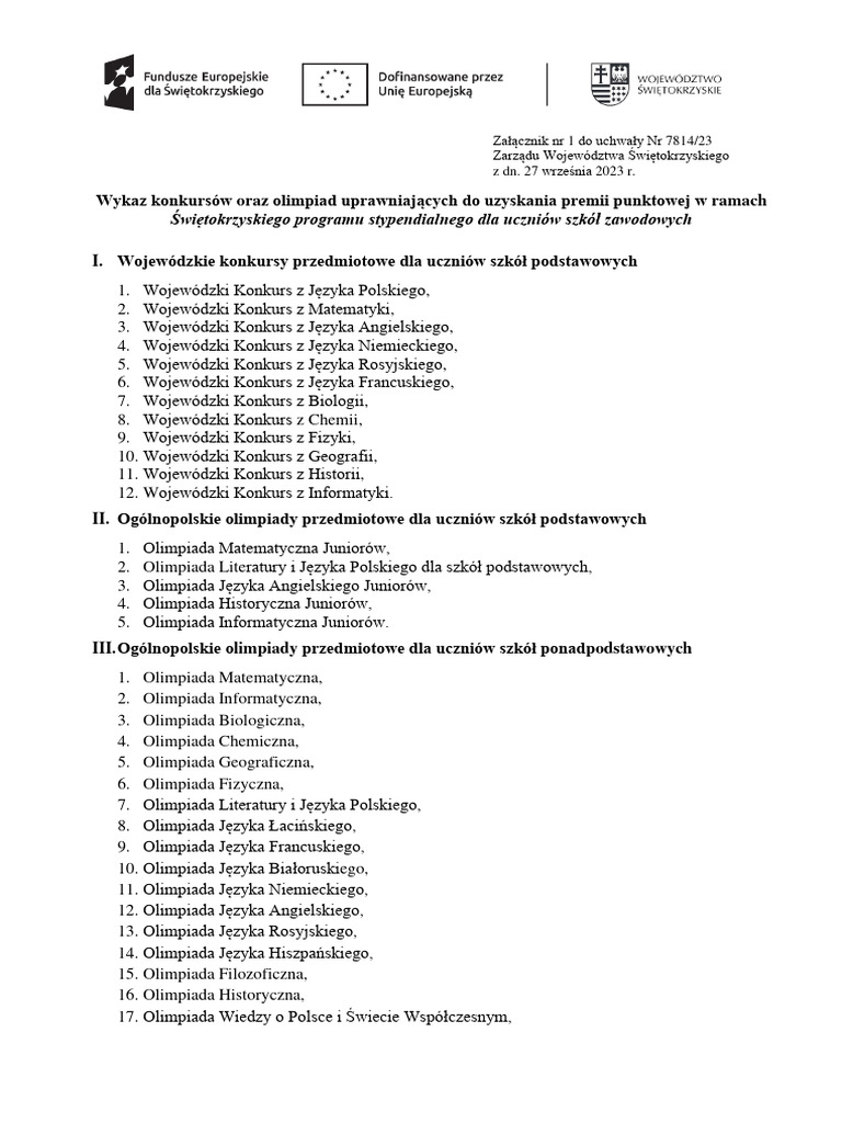 Zal. NR 1 Do Uchwaly 7814 - 23 Wykaz Konkursow - Szkoly Zawodowe 2023 | PDF