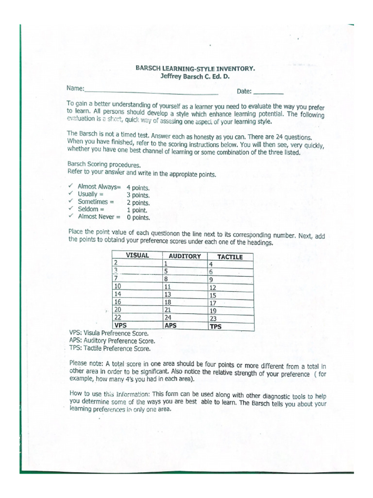Barsch Learning-Style Inventory. | PDF