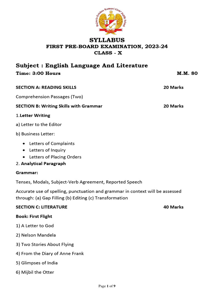 Syllabus Class 10 Pre Board Examination 2023-24 - 581923678 | Download ...