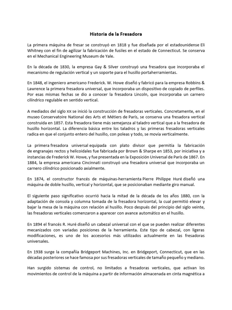 Historia Fresadora | PDF | Metalurgia | Sector secundario de la economía