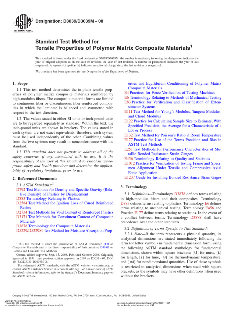 ASTM-D3039M-08 - Tensile Properties of Polymer Matrix Composite Materials | PDF | Deformation ...