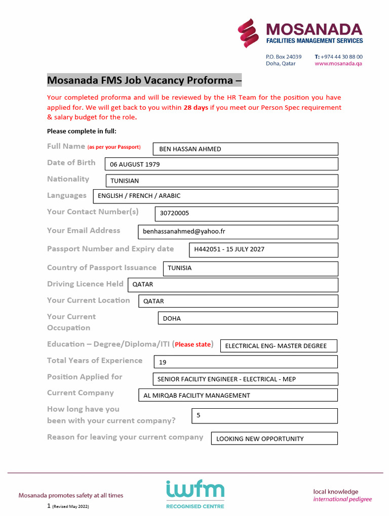 Mosanada Job Vacancy Proforma | PDF | Qatar