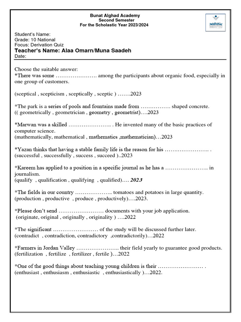 Grade 10 Derivation Quiz 2023/2024 | PDF