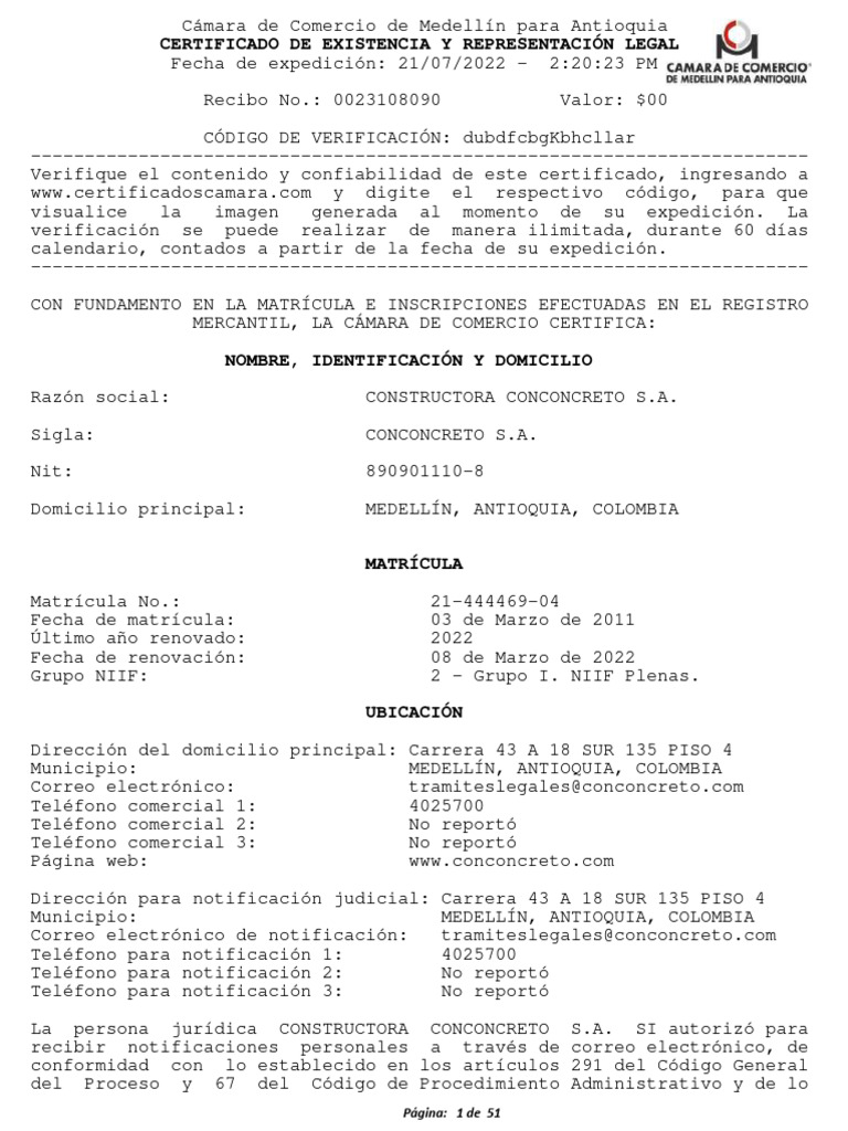 CERTIFICADO DE EXISTENCIA Y REPRESENTACION LEGAL CONSTRUCTORA CONCONCRETO SA 21 de Julio de 2022 ...