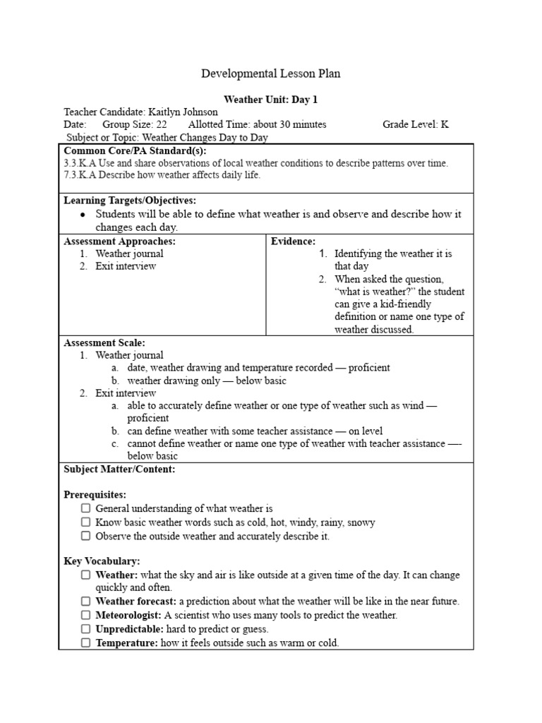 Kindergarten Weather Observation Lesson | PDF | Weather | Teachers