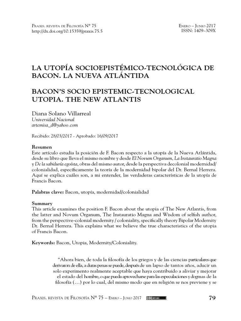 Revista de Filosofía I Pràxis, La Utopía Socioepistemologica de Bacon ...