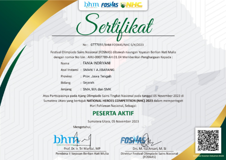 Cert - Sejarah - NHC 2023 | PDF