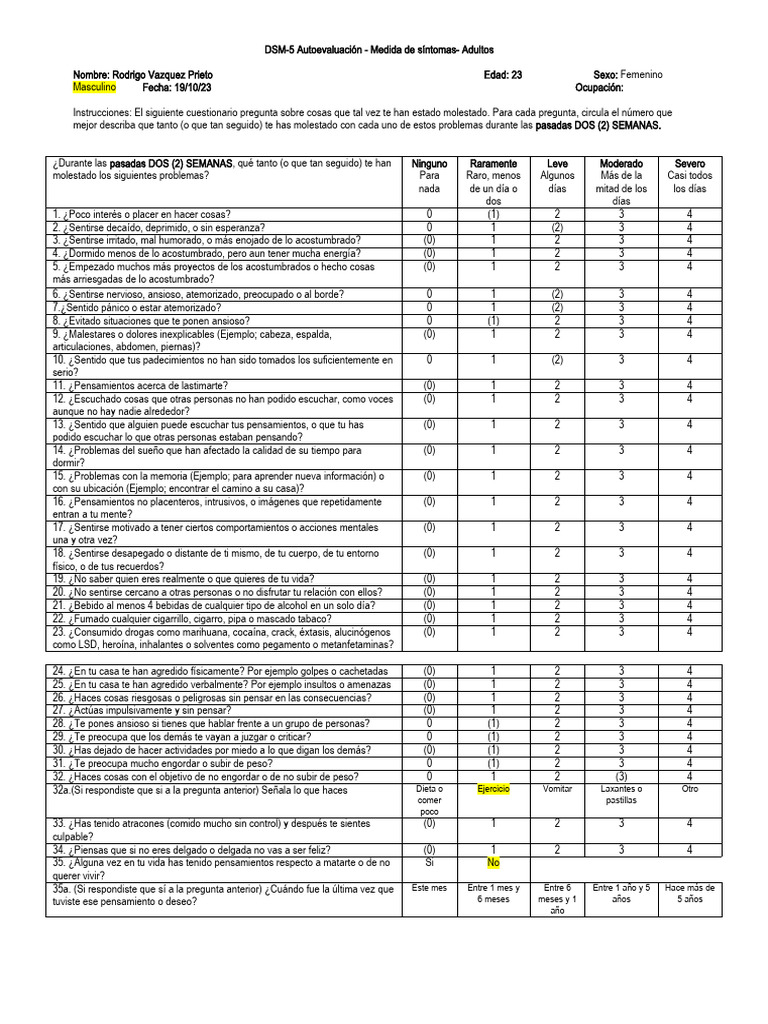 Instrumento DSM 5 Adultos 2 Hojas cDERS | Descargar gratis PDF | Pensamiento | Mente