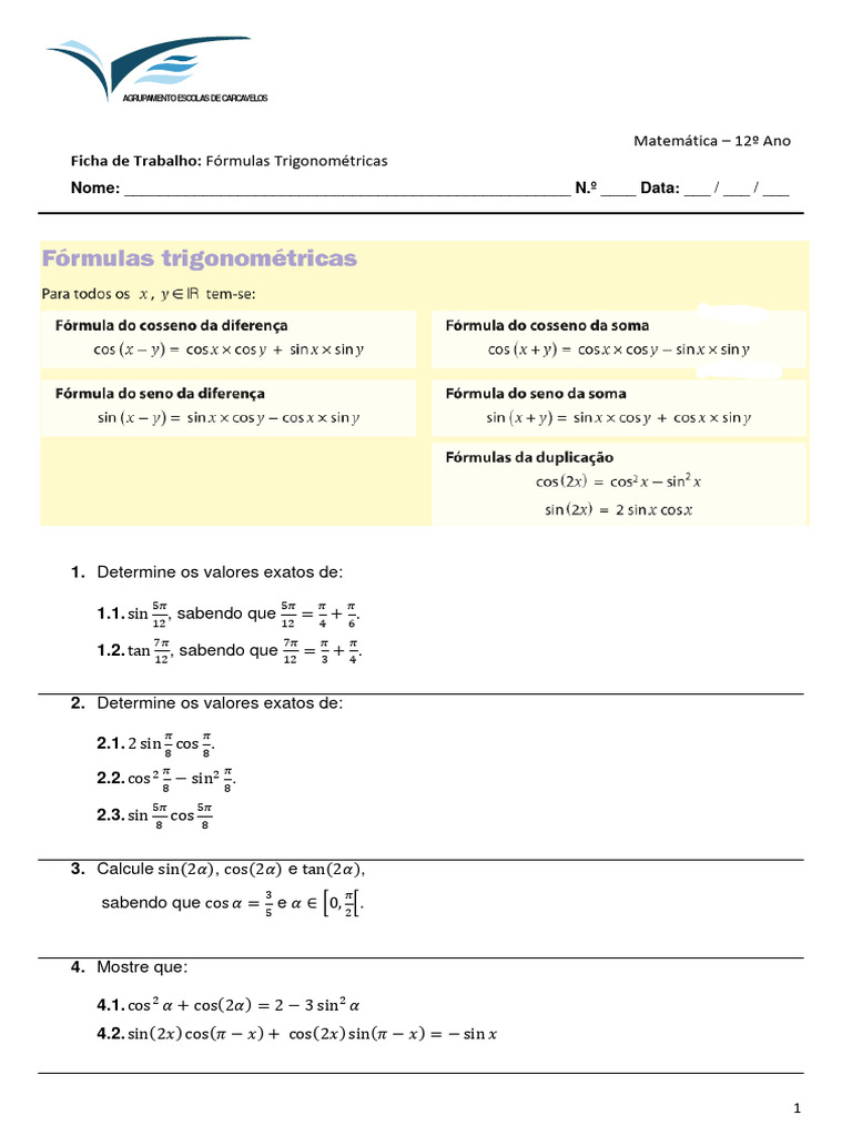 Ficha de Trabalho: Fórmulas Trigonométricas 12º Ano | PDF | Círculo ...