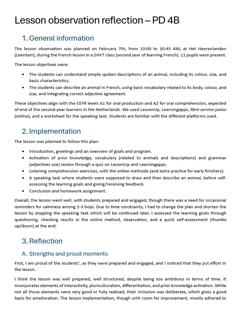 Lesson Observation Self Reflection | PDF | Learning | Reinforcement