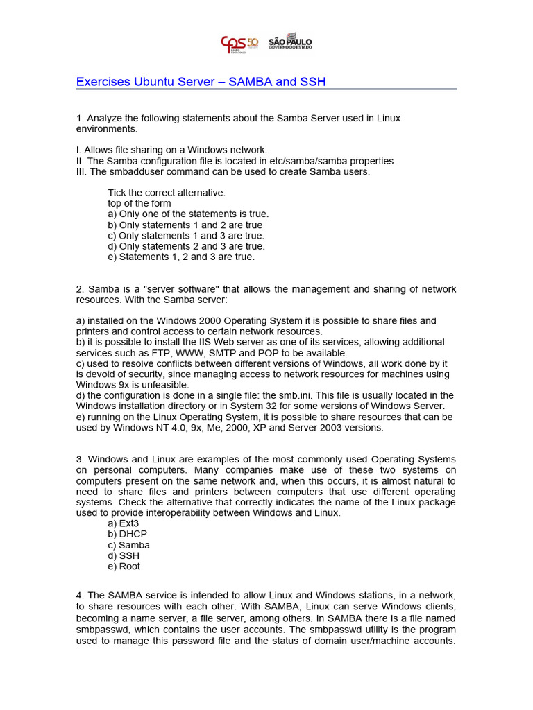 Exercícios Ubuntu Server - SAMBA e SSH - Ingles | PDF | Secure Shell | Microsoft Windows