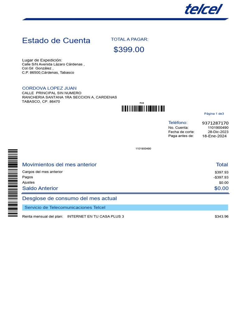 Estado de Cuenta Telcel: $399 a Pagar | PDF | Economias | Pagos