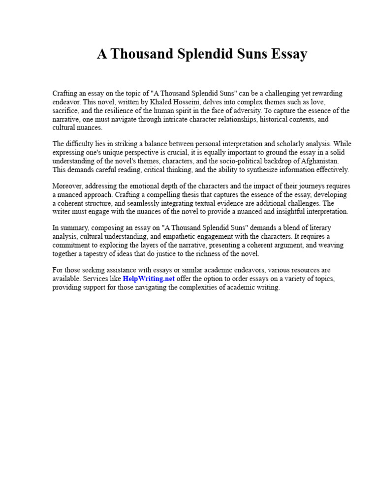 A Thousand Splendid Suns Essay | PDF | Self Efficacy | Personal Computers