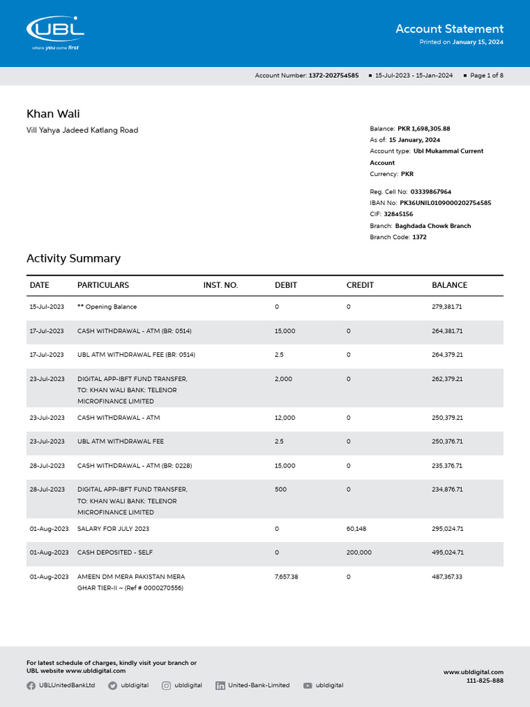UBL Current Account Statement 2024 | PDF | Banks | Cash