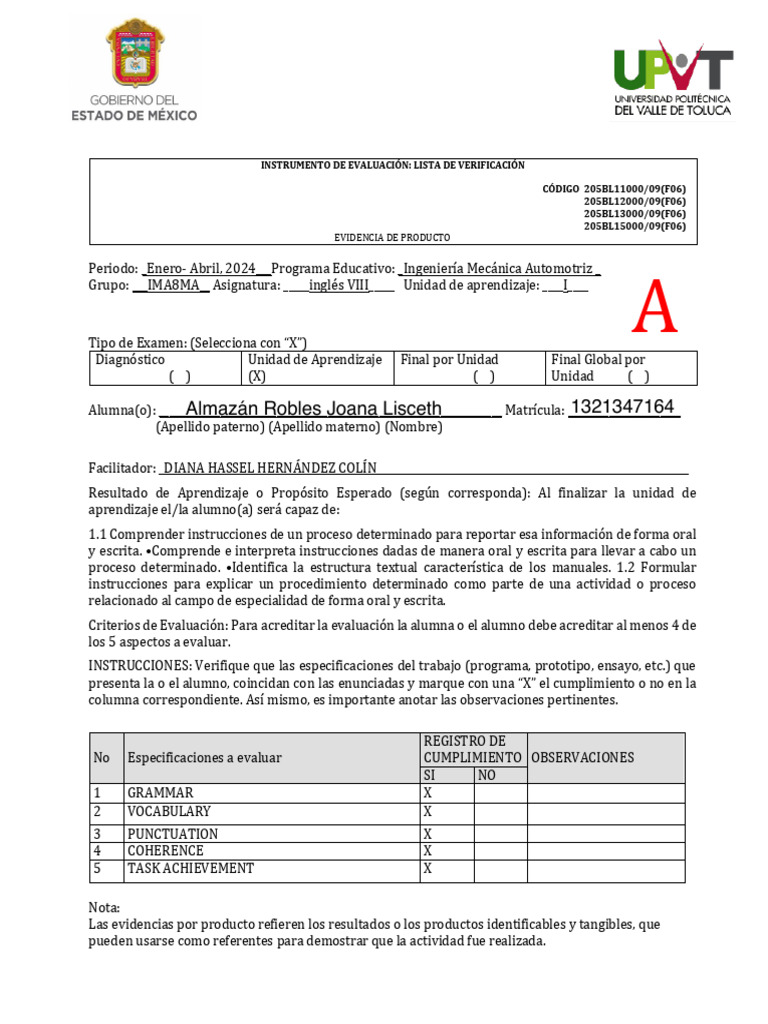 Caratula Writing U1 | PDF | Evaluación | Aprendizaje