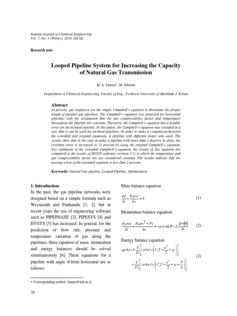 IJCHE - Volume 7 - Issue 1 - Pages 76-86 | Download Free PDF | Gases | Pipeline Transport