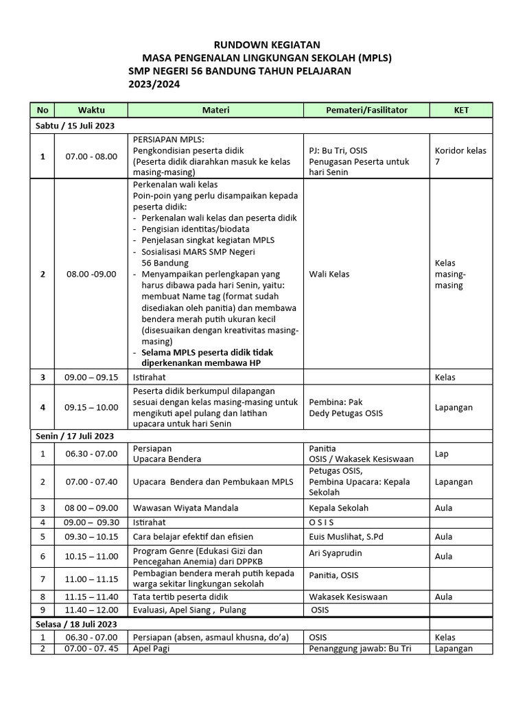 Rundown Kegiatan MPLS 2023 | PDF