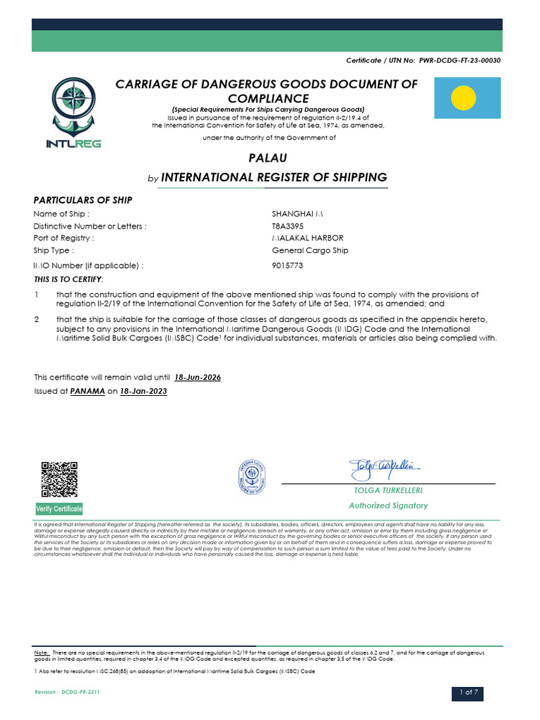 Document of Compliance for Carriage of Dangerous Goods Full Term | PDF ...