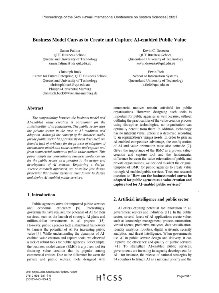 Business Model Canvas To Create and Capture AI-enabled Public Value | PDF | Artificial ...