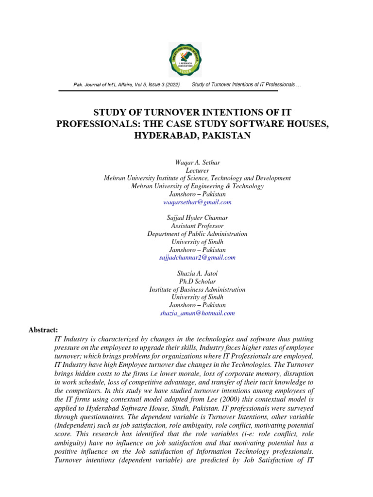 Study of Turnover Intentions of It Professionals The Case Study Software Houses Pakistan | PDF ...