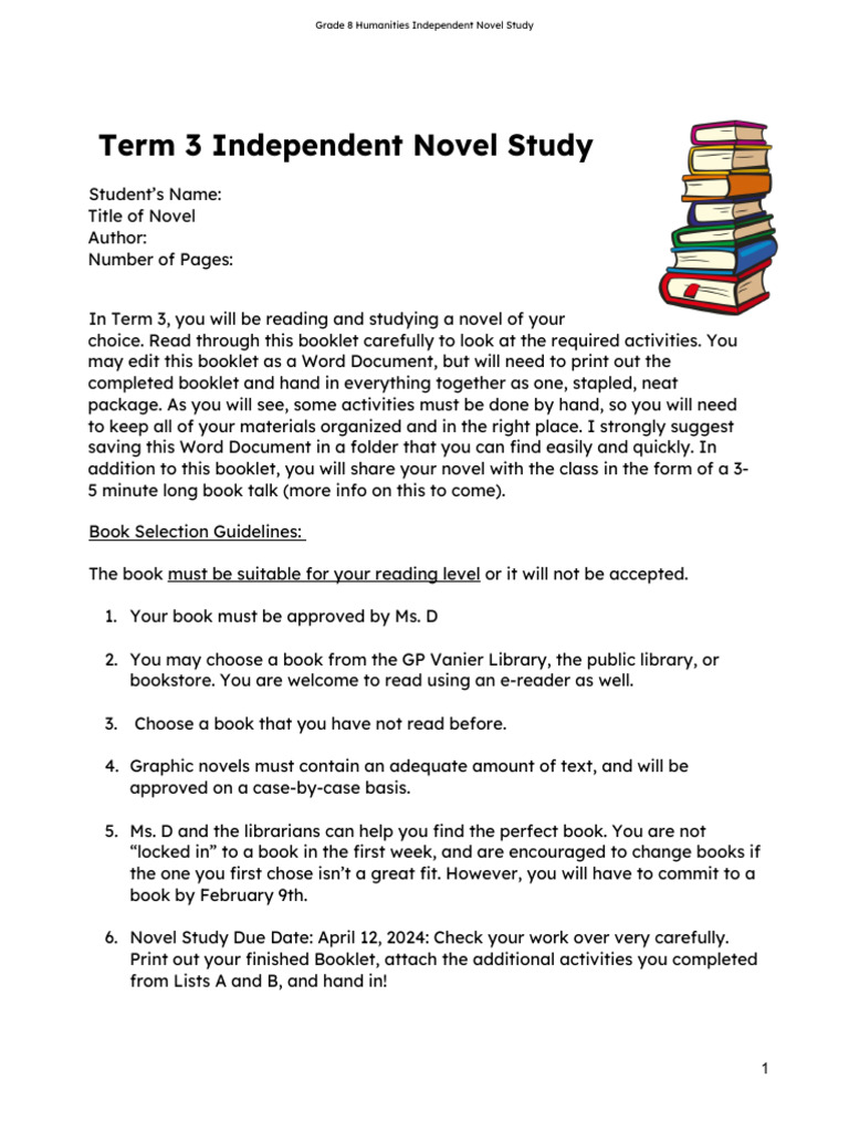 Humanities 8 Independent Novel Study | PDF | Books | Novels