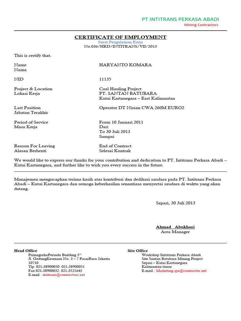 Coal Hauling Project Employment Certificate | PDF