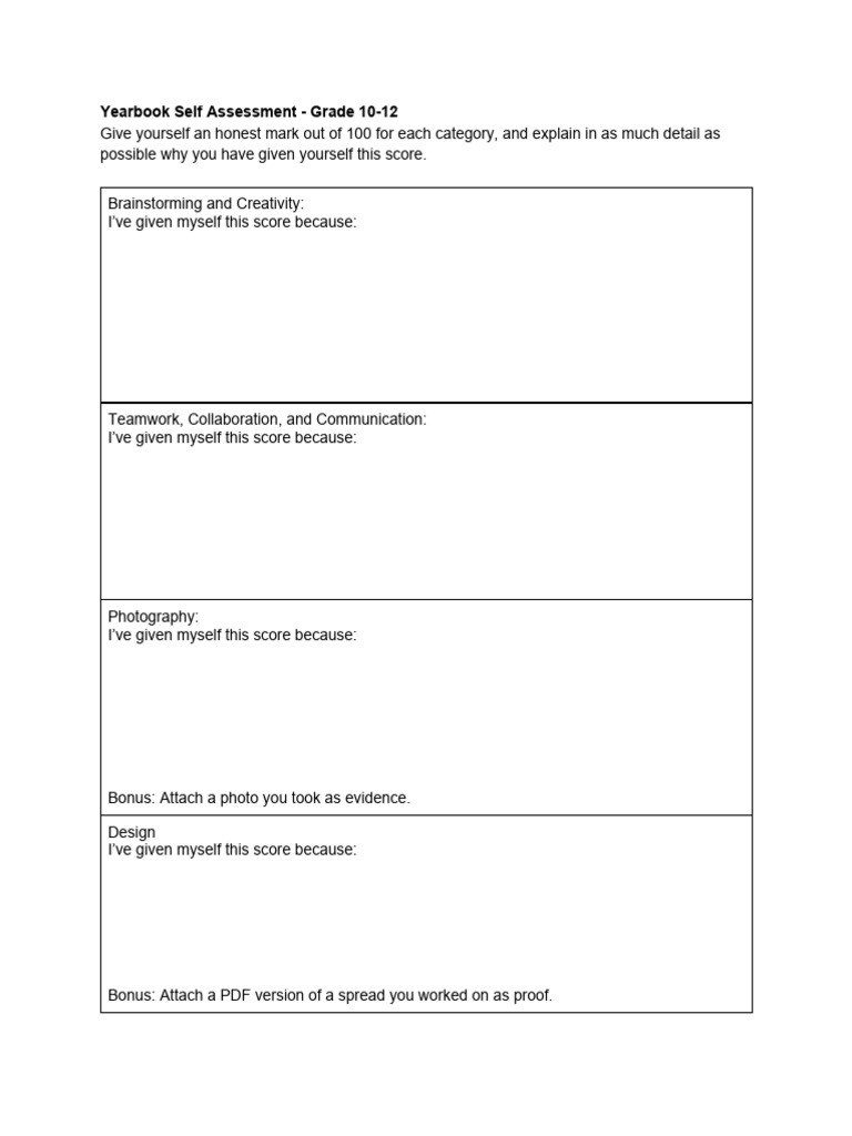 Yearbook Self Assessment - Grade 10-12 | PDF