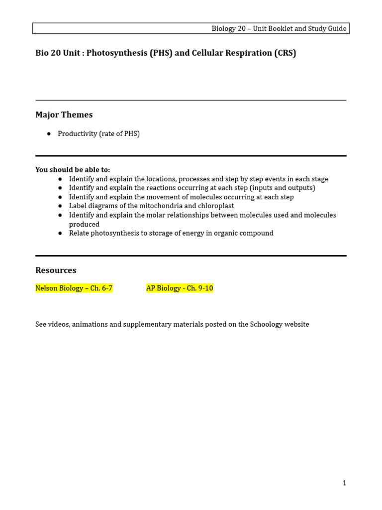 PHS and CRS UNIT BOOKLET | PDF | Cellular Respiration | Adenosine Triphosphate