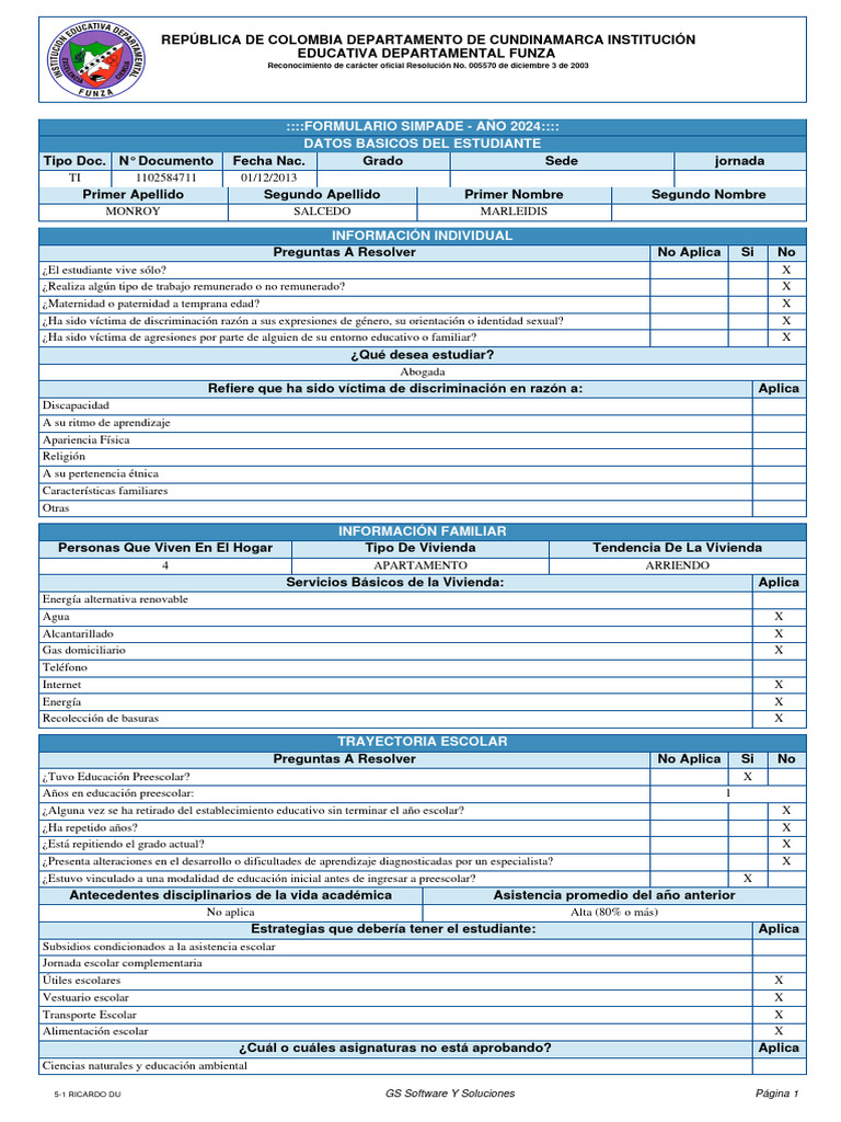 Formulario Simpade Est Marleidis Monroy 2023 | PDF | Educación de la primera infancia
