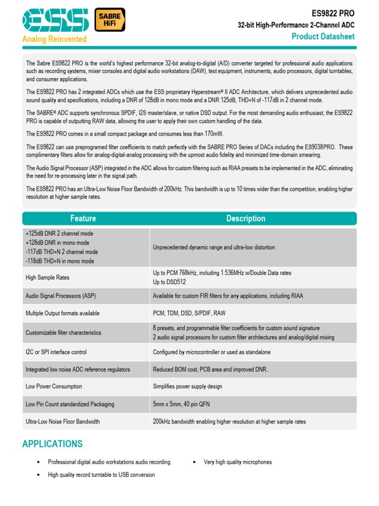 ES9822PRO DS v0.3 | PDF | Analog To Digital Converter | Digital Audio