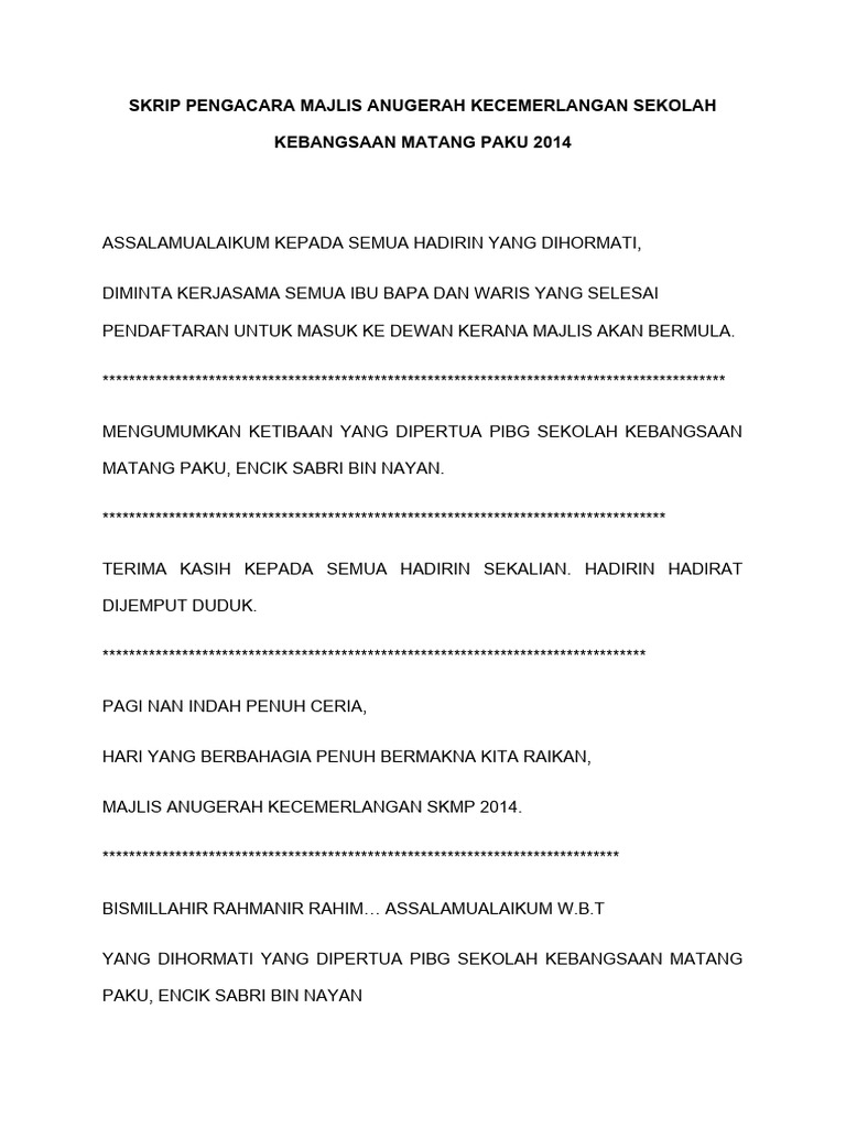 Skrip Juruacara Majlis Anugerah Kecemerlangan | PDF Skrip Juruacara Majlis Anugerah Kecemerlangan | PDF