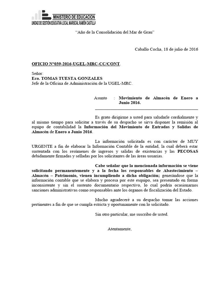 Oficio #039-2016-Ugel-Mrc - Solicita Movimiento de Almacen - Enero A Junio 2016. | PDF