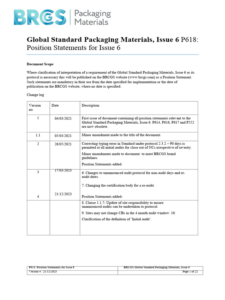 BRC Position Statements 2023 Update | PDF | Packaging And Labeling | Audit