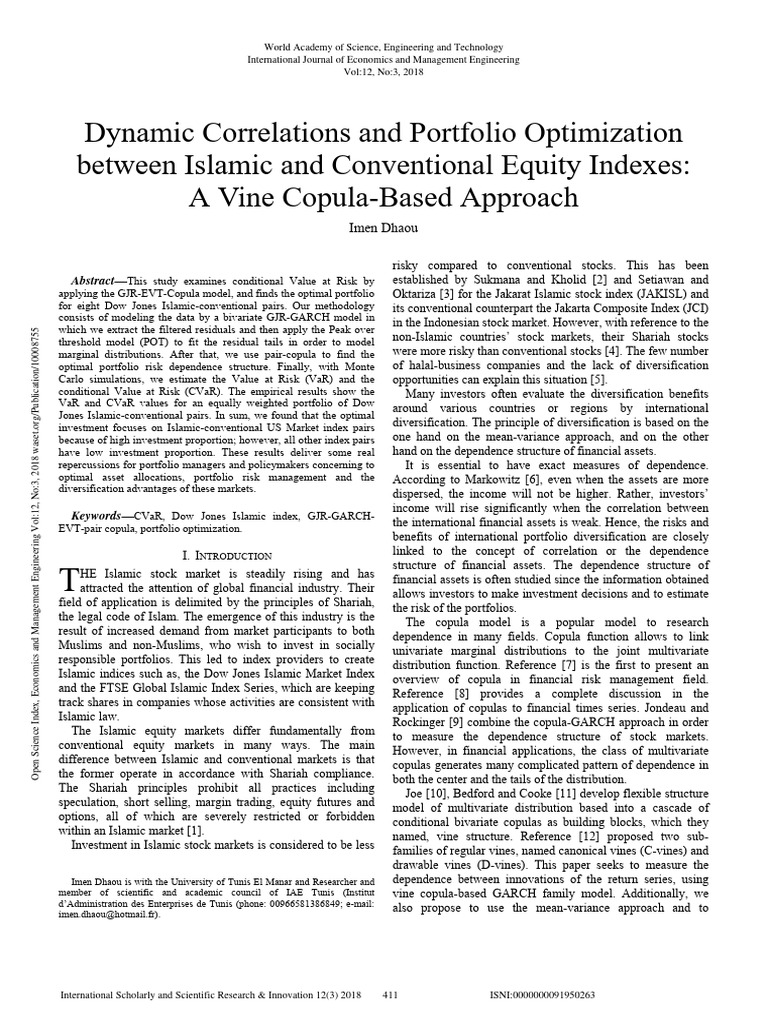 Dynamic Correlations and Portfolio Optimization Between Islamic and Conventional Equity Indexes ...