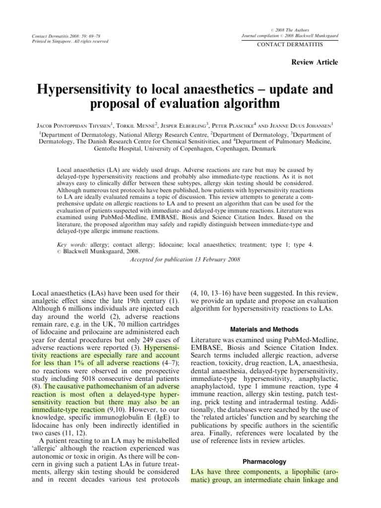 Hypersensitivity To Local Anaesthetics - Update and Proposal of Evaluation Algorithm.2008 ...