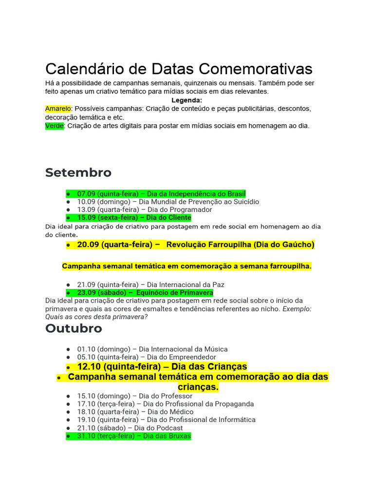 Calendário de Datas Comemorativas 2024 | PDF