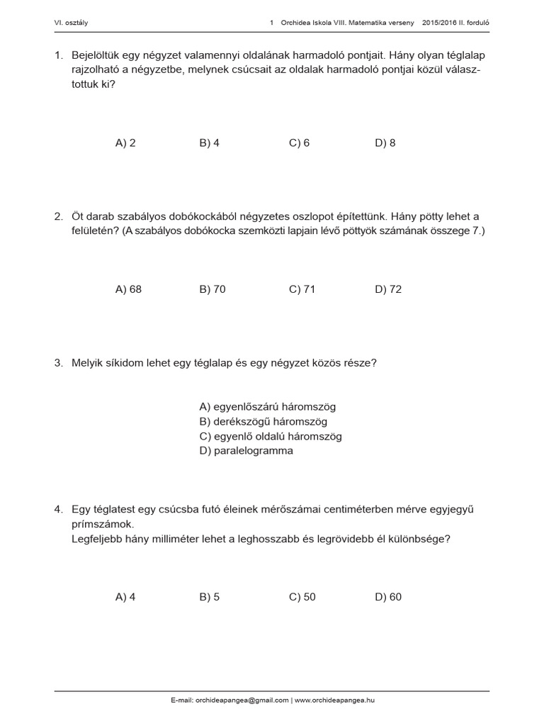 Matematika 6 Osztaly Verseny Feladatok | PDF