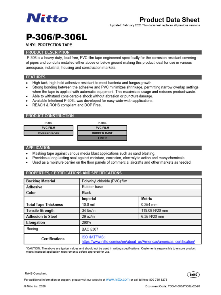 P-306/P-306L Vinyl Protection Tape | PDF | Polyvinyl Chloride | Pipe ...