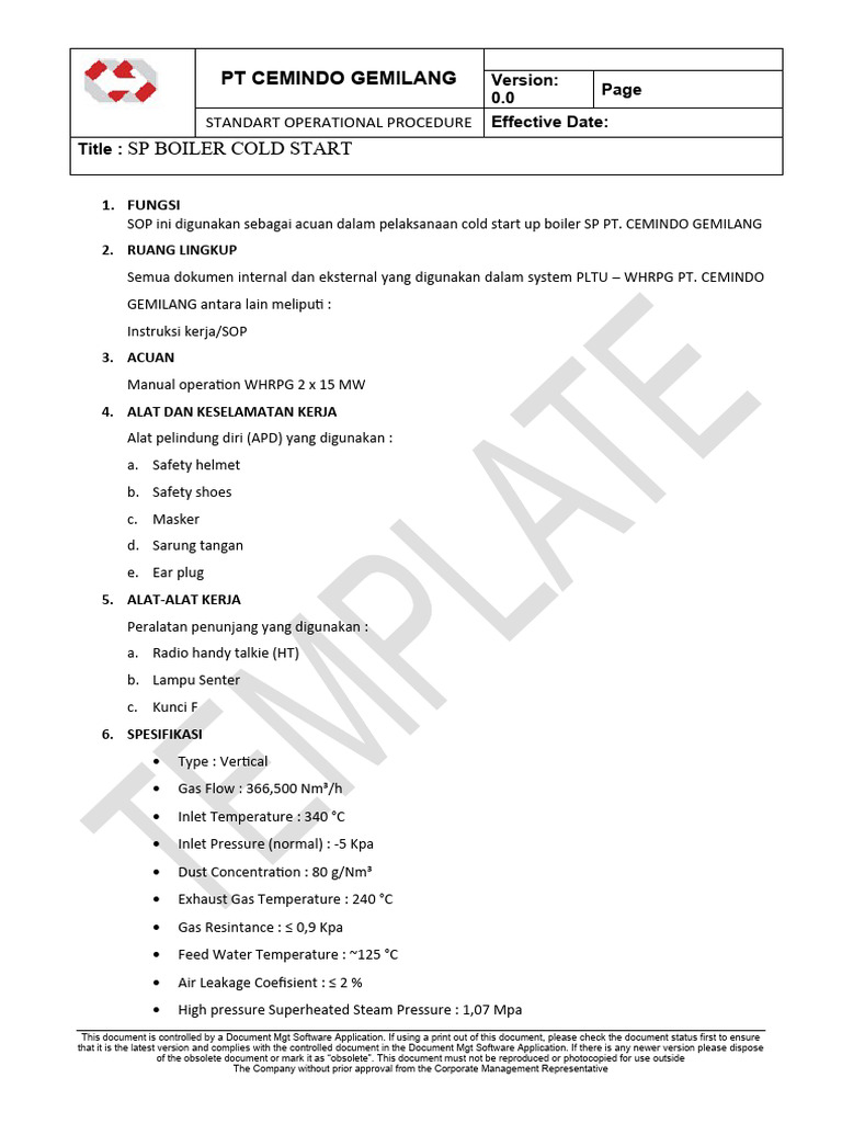 SOP Cold Start Boiler SP CEMINDO | PDF